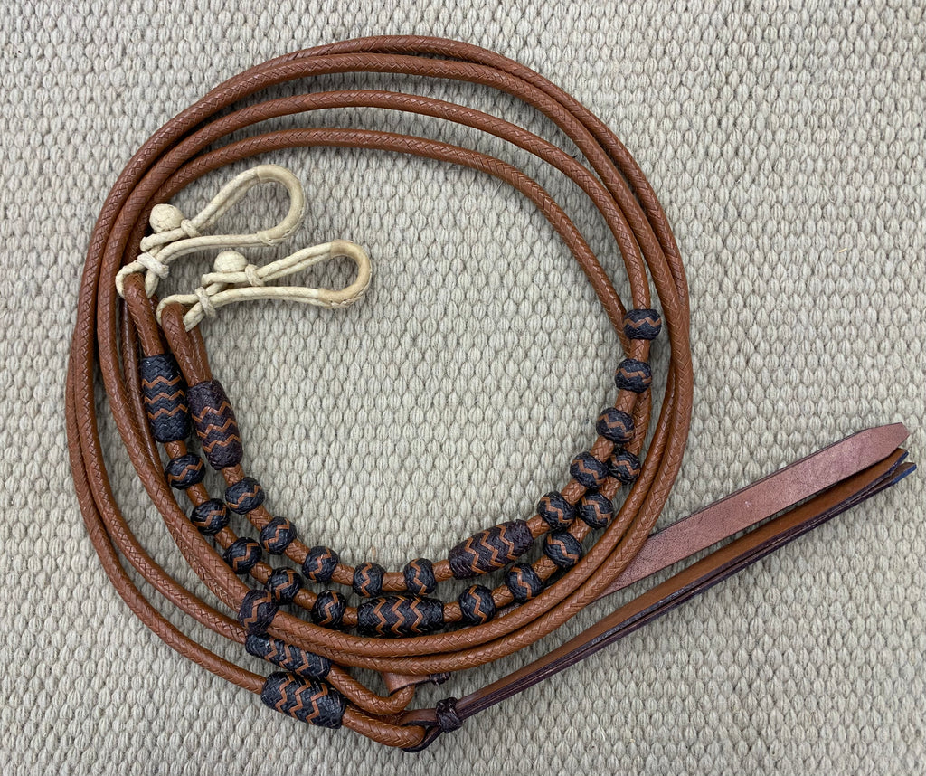 Split Reins - SR02 - 12 Plait Leather Brown and Black w/ Poppers 8' – RC Bean Saddlery